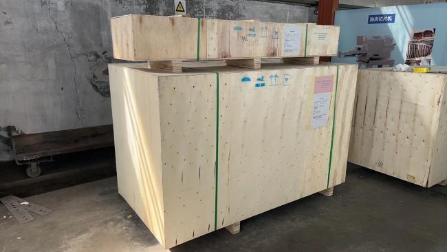 Packaged meat cutting machine ready for shipment