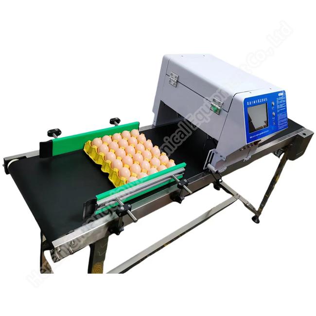Close-up view of egg printing machine nozzles and control panel