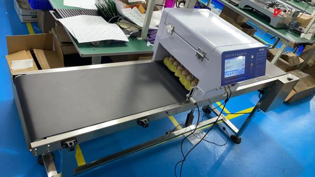 Side view of industrial egg printing machine showing conveyor mechanism
