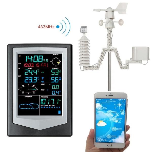 Quality VA Screen Outdoor Wireless WIFI Temperature Sensor Weather Station In Black And for sale