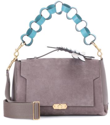 China High Quality Taupe Color Nuba Leather Shoulder Bag with Blue Spring Strap Flower Handle Handbag Canvas Adjustable Strap for sale