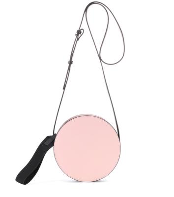 China Tambourine Leather Shoulder Bag in Pink and Choc Color Small Carry Bags Zip Round Bag with 2 Straps 16.5*8.5*16.5 cm for sale