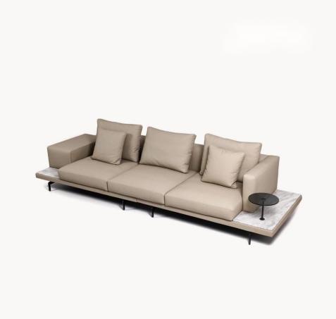 Quality Designer Modular Sofa Glass Edged Side Tables Modern Leather Apartment Furniture for sale