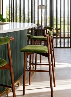 China Olive Green Velvet Bar Stools Walnut Legs Modern Nordic Counter Height Stool for sale
