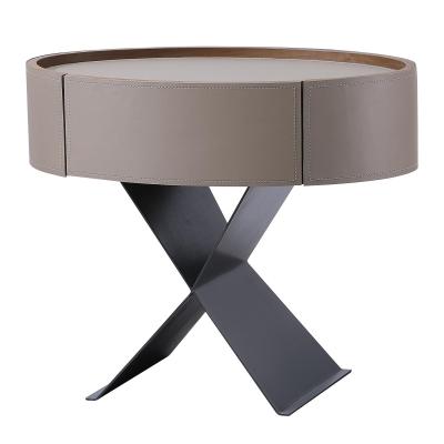 China Modern Circular X Shaped Iron Foot Leather Bedside Table Nightstand for sale