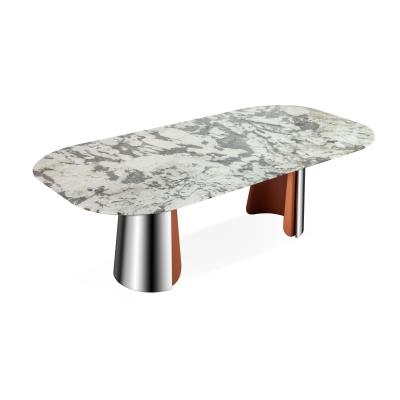 China Modern Double-Column Marble Oval Dining Table Contemporary Design Metal Base for sale