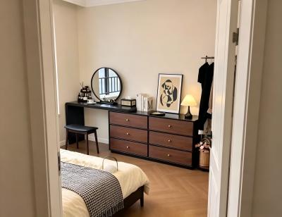 China Mid-Century Black Walnut Vanity Dresser Combo Black Walnut Makeup Desk for sale