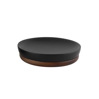 Cina Dispenser di sapone a poliresina di forma rotonda nero con copertura in legno di acacia in vendita