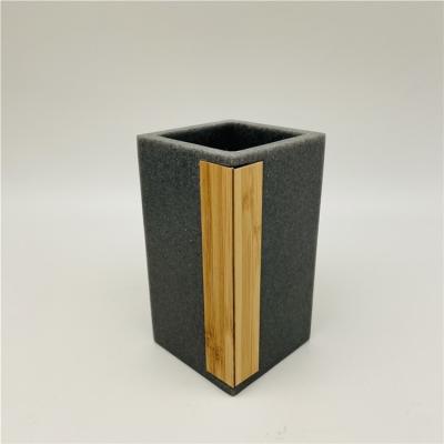China Dark Grey Polyresin Bath Countertop Set square shape with bamboo decoration for sale