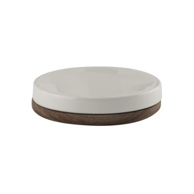 China Round shape ceramic bathrooom accessories with wooden base cream color ceramic soap dispenser for sale