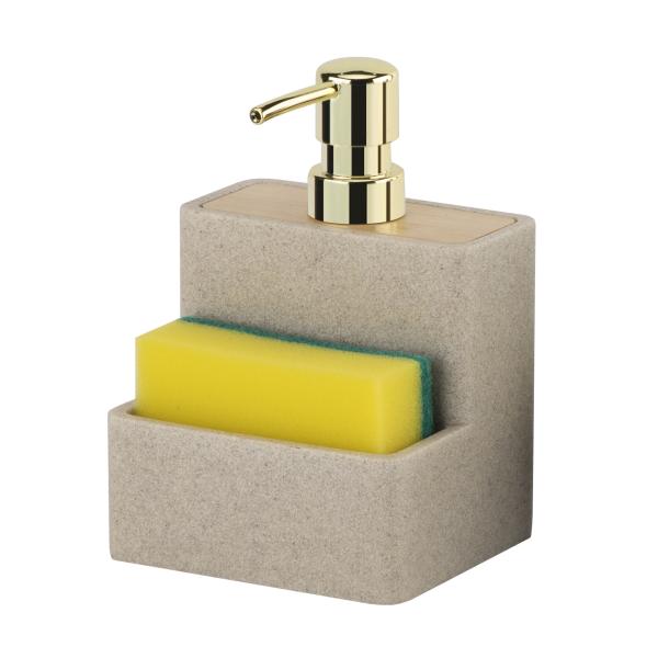 Quality Square Polyresin Kitchen Utensil Caddy Soap Dispenser With Bamboo Top And Sponge for sale