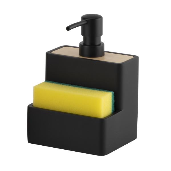 Quality Square Polyresin Kitchen Utensil Caddy Soap Dispenser With Bamboo Top And Sponge for sale