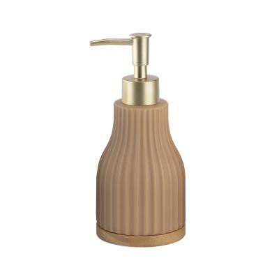 China Round Bath Soap Dispenser Ceramic Lotion Dispenser Vertical Stripe With Wood Base for sale