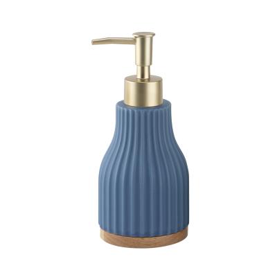 China Round Bath Soap Dispenser Ceramic Lotion Dispenser Vertical Stripe With Wood Base for sale