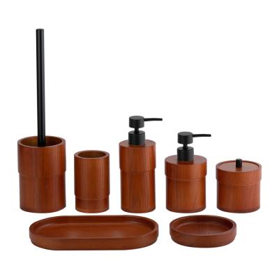 China Brown OAK Badkamer Accessoires Set Ronde vorm Zwarte pomp zeep dispenser for sale