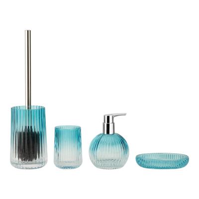China Ombre blauw en paars glas badkamer accessoires ronde vorm met geribbelde verticale streep zeep fles handzeep bad zeep dispenser Te koop