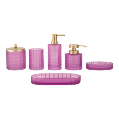 China Purple glass bathroom accessories set round with big checker box soap dish soap dispenser for sale