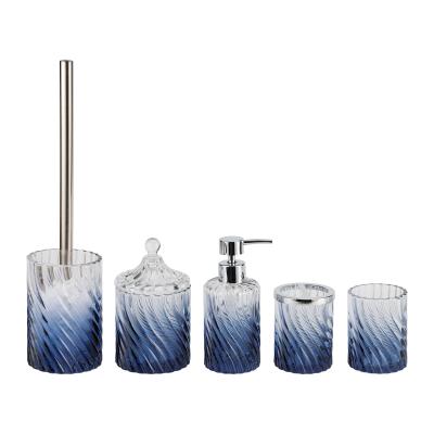 China Modern design glass bathroom accessories set round shape with swirl stripe ombre blue lotion pump bottle tumbler for sale