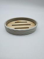 China Polyresin bathroom accessories set round with swirl stripe and wood accessories modern soap bottle tumbler for sale