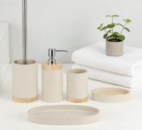 China Polyresin bathroom accessories set round with swirl stripe and wood accessories modern soap bottle tumbler for sale