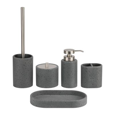 China Modern sand stone bathroom set round with travertine look lotion pump bottle toothbrush holder for sale