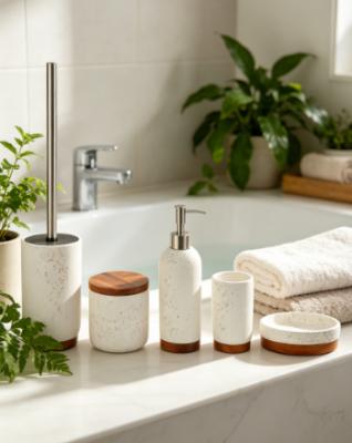 China Polyresin bathroom accessories set round with travertine look resin lotion pump bottle bath set for sale