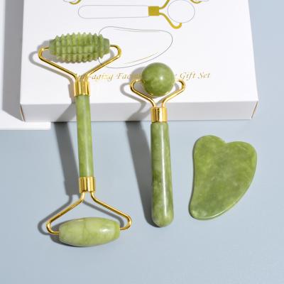 China Hot Selling Facial Massage Roller Guasha Scraping Board Set Double Heads Jade Stone Face Massager for sale