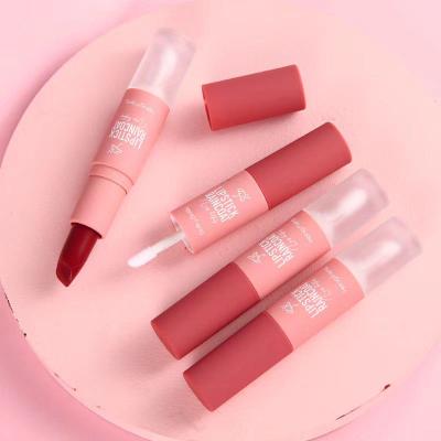 China Best Private Label Non Stick Cup Lip Gloss Raincoat 2 In 1 Moisturizer Matte Liquid Lipstick for sale