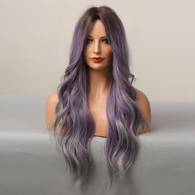 China Halloween Purple Mixed Color Wig Lady Curly Hair High Temperature Silk Human Hair Wigs for sale