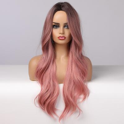 China New Product Human Hair Wigs Europe And America Wig Purple Long Curly Hair Pink Middle Big Wave Wig for sale