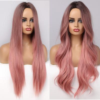 China New Product  Human Hair Wigs Europe And America New Wig Purple Long Curly Hair Pink Middle Big Wave Wig for sale