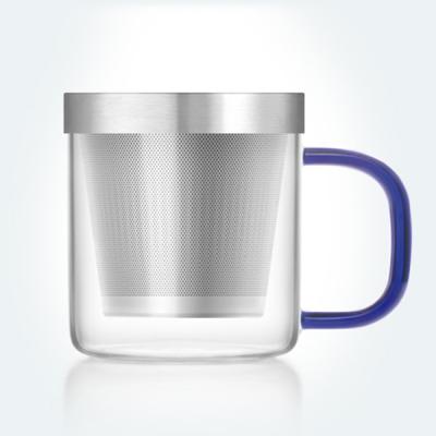 Quality Stainless Steel Clear Kung Fu Glass Tea Cup Saucer Infuser Blue Handle for sale