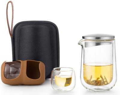 China New Arrival Teapot Set Glass Double Walled Tea Cup Portable Borosilicate Glass Teapot Traveling Transparent Teapot Set with Case for sale
