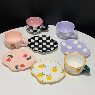 China Internet Celebrity Hand-painted Tulip Checkerboard Orange Purple Flower Hand-held Coffee Cup Plate Retro Ceramic Cup But for sale