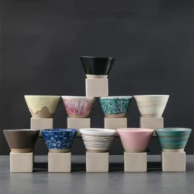China 3oz 90ML Wholesale Hand-Painted New Retro Creative Funnel Shape Pottery Cups Square Saucers Espresso Ceramic Cup for sale