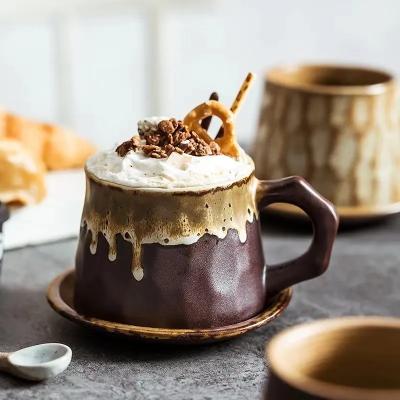 China 10oz Espresso Cup Creative Large Capacity Mugs DIY LOGO Retro Pottery Coffee Cup With Saucer for sale