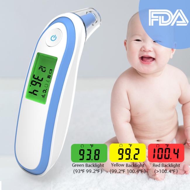 Side view of forehead thermometer highlighting measurement button