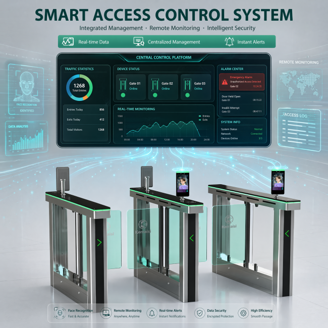 KEMAISI Smart Speed Gate Turnstile showing modern design with glass barriers and stainless steel housing