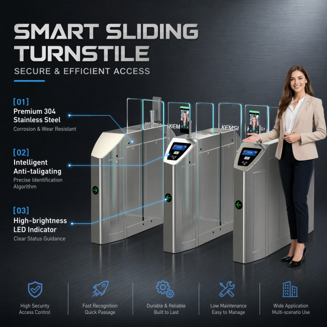 KMS-P3629 Sliding Gate Turnstile - Modern design with stainless steel and glass construction