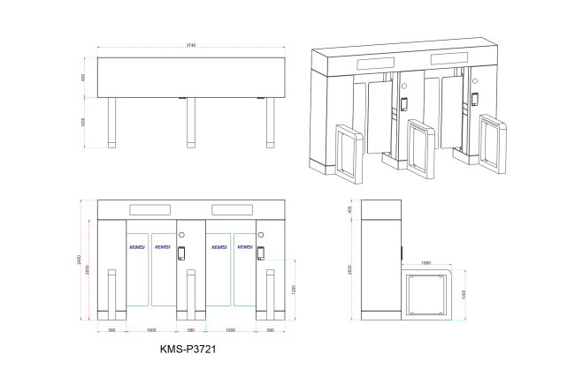 Detailed technical diagram of KMS-P3721 sliding gate turnstile components
