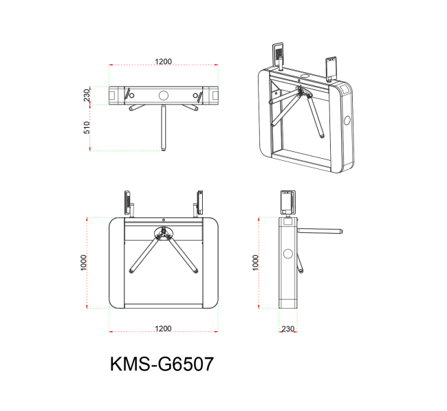 KMS-G6507 Tripod Turnstile technical diagram and installation view