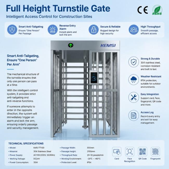 Full Height Turnstile Gate installation showing stainless steel construction and security features
