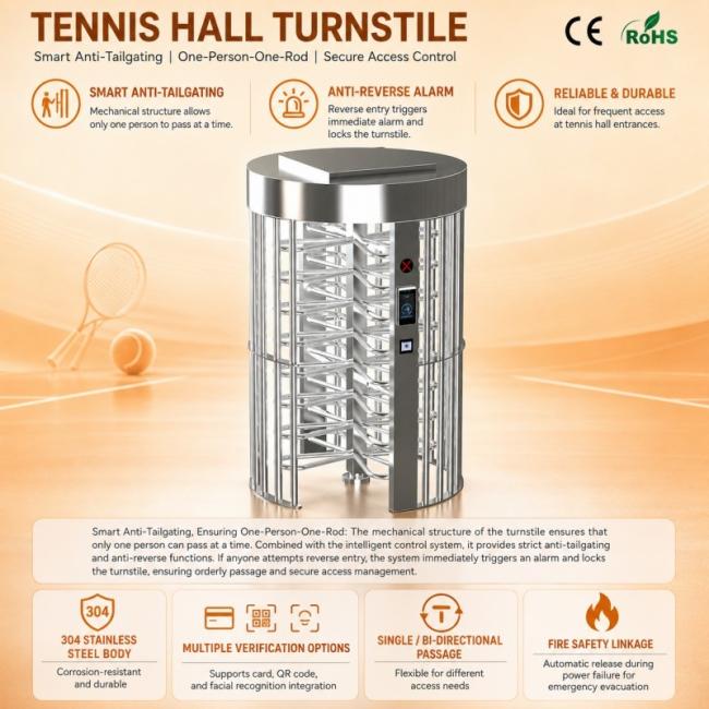 Full height turnstile gate installation showing robust stainless steel construction and access control integration