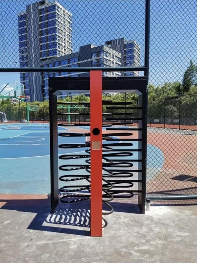 Close-up view of full height turnstile mechanism and weatherproof design features