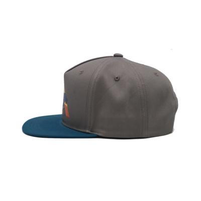 China Sublimation Patch In Front Panel Flat Brim Snapback Hats 100% Cotton Twill Grey Caps for sale