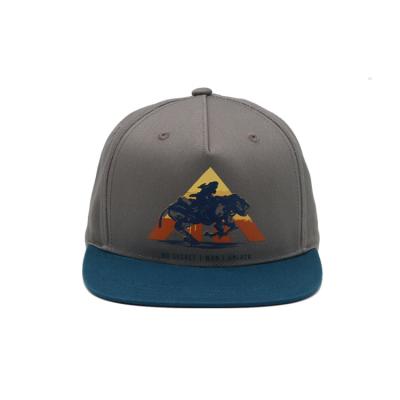 China Sublimation Patch In Front Panel Flat Brim Snapback Hats 100% Cotton Twill Grey Caps for sale