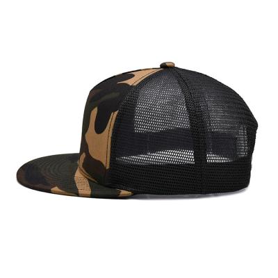 China Polyester Mesh Camo Cotton Fabric Trucker Cap 5 Panel Flat Brim Outdoor Cap Customize Logo for sale