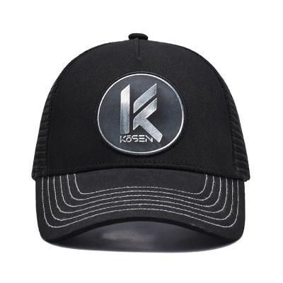 China Black Mesh 5 Panel Trucker Cap Custom Sublimation Patch Logo Mens Trucker Hats for sale