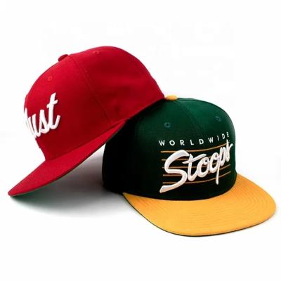 China Custom 3d Puff Embroidery Flat Brim Snapback Hats Black Red Blue Color for sale