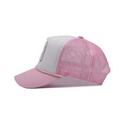 China Pre Curved Visor Cotton Polyester Trucker Cap With Embroidered Logo for sale